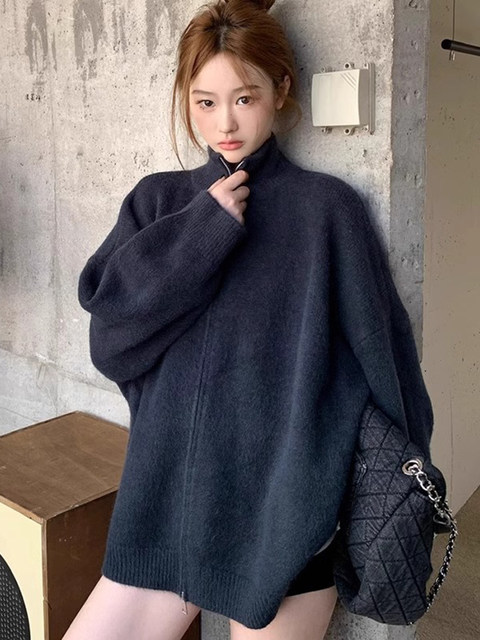 Early autumn loose flesh-covering outfit, lazy style black sweater ...