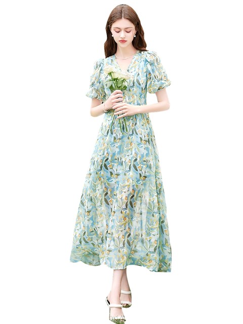 Her pool waist dress 2025 summer new women's V-neck slim puff sleeves ...