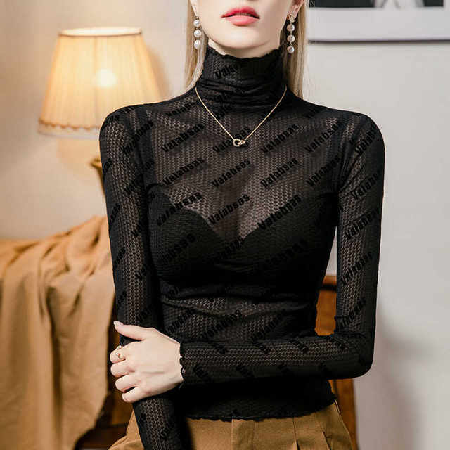 Thin turtleneck lace bottoming shirt for women with long sleeves and ...