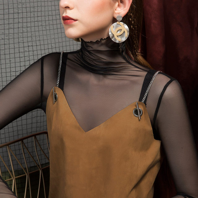 High collar thin transparent bottoming shirt tulle semi-transparent ...