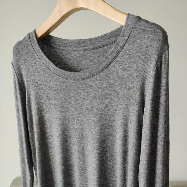 Basic versatile round neck pullover long-sleeved thin T-shirt Tencel wool blend inner layering ...