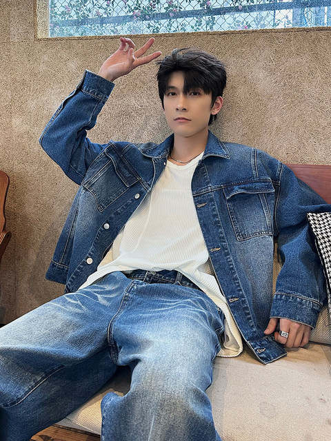 Hualun Spring and Autumn Denim Jacket Set Men's High-end Sexy Handsome ...
