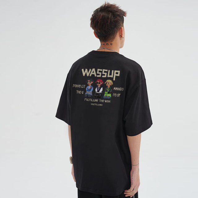 WASSUP trendy brand dirty braid boys American heavy retro T-shirt boys ...