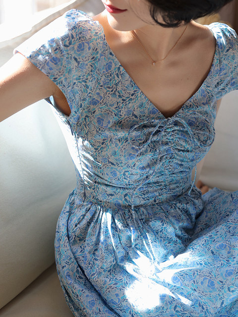 Ching's replica V-neck tie bow waist waist slimming Hepburn style full ...