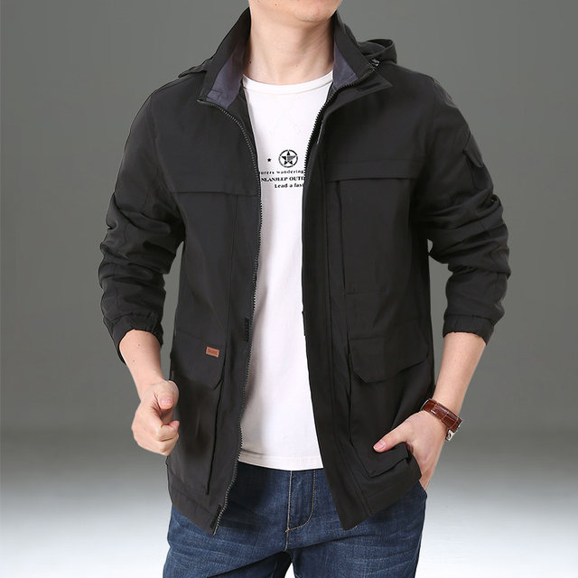 Spring and Autumn Jacket Men's Autumn Windbreaker Multi-Pocket Workwear ...