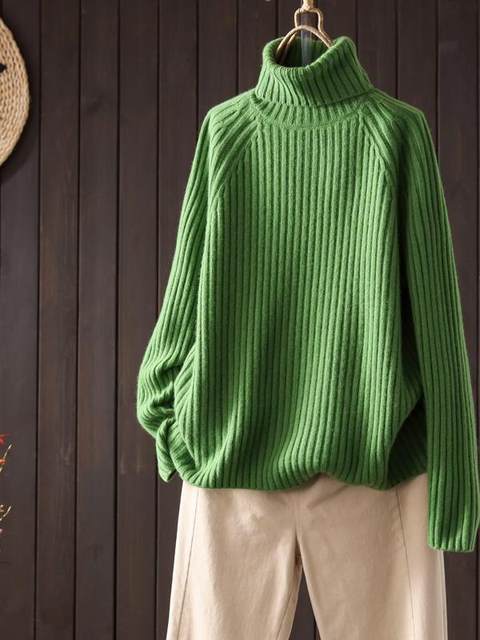 Fashionable simple pit strip turtleneck wool pullover sweater for women ...
