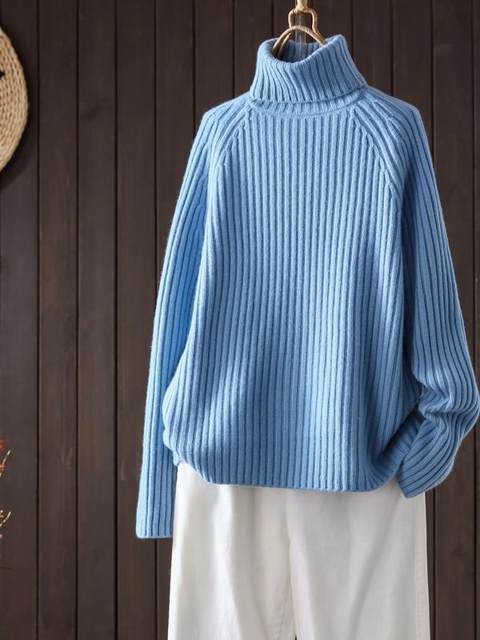 Fashionable simple pit strip turtleneck wool pullover sweater for women ...