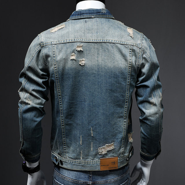 Autumn and winter retro ripped denim jacket men's casual trendy brand ...