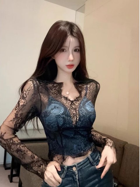 Pure Desire Sexy Cut Out Sheer Top Female Fall and Winter Socialite ...