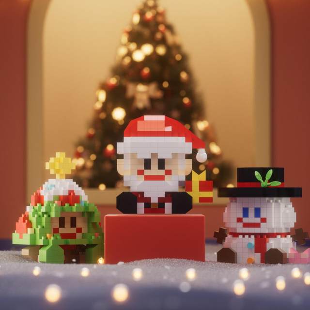 Santa Claus building blocks tiny particles assembled puzzle ornaments ...