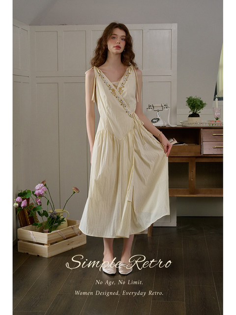 SimpleRetro Field Scarlett One-piece Lace-up Floral Embroidery Vacation Dress Women's Sleeveless ...