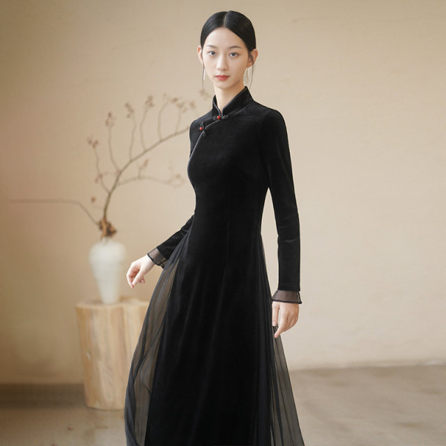 Chuchan velvet dress women's autumn and winter 2024 new high-end temperament Chinese style ...