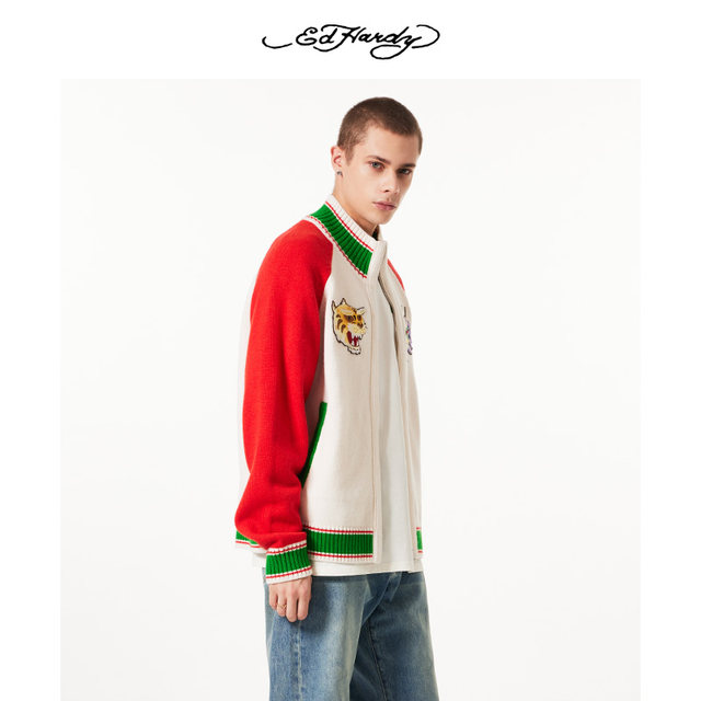 EdHardy Ed Hardy 2024 new embroidered men's casual contrast color sweater