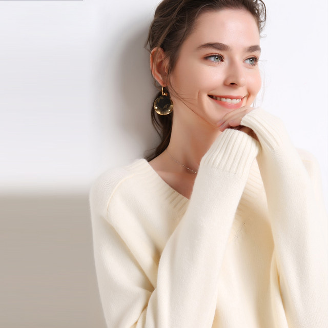 White sweater for women with v-neck inside, large collar, loose ...