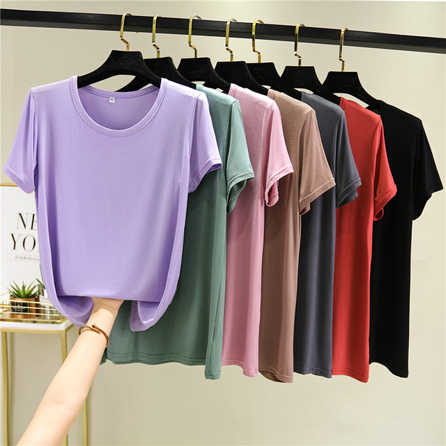 Summer solid color t-shirt women's short-sleeved loose round neck modal ...