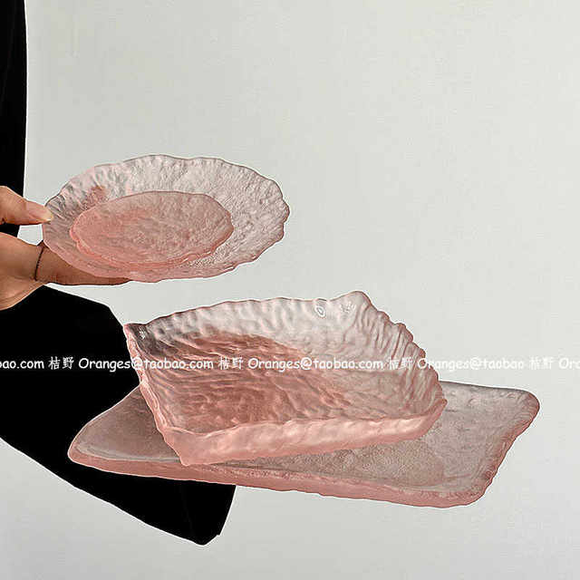 High-end pink irregular ice dew glass plate home dessert plate fruit ...