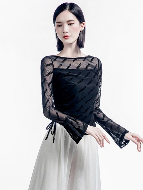 Letter flocking black translucent lace dance top for women with one ...