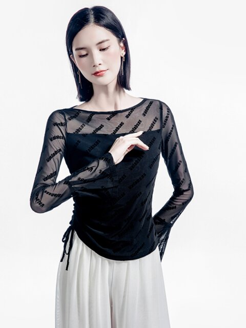 Letter flocking black translucent lace dance top for women with one ...