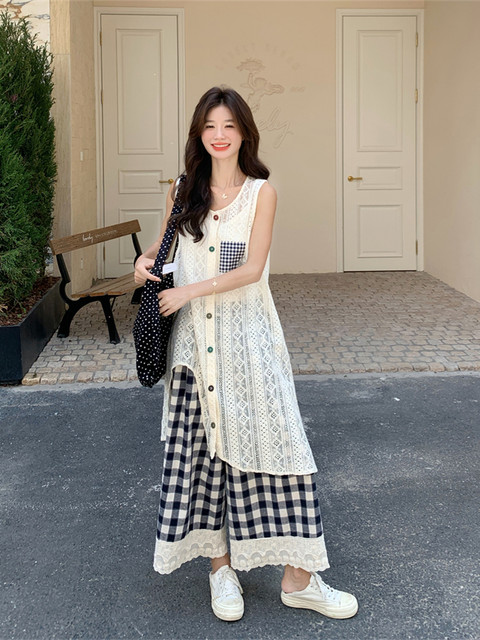 Cold and relaxed lace T-shirt plaid wide-leg pants suit for women's ...