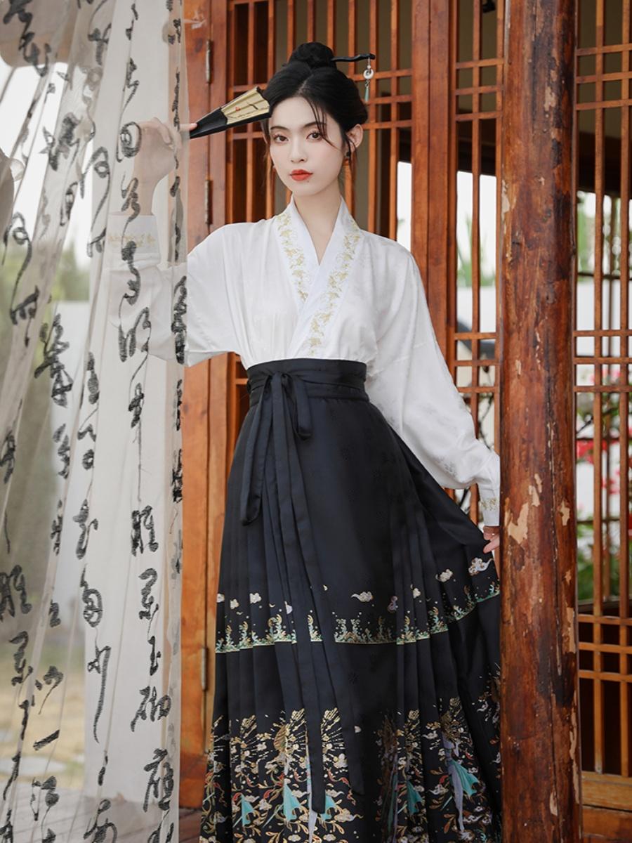 新中式中国风织金马面裙女缎面黑色收腰显瘦显高刺绣飞机袖一片式 淘宝网