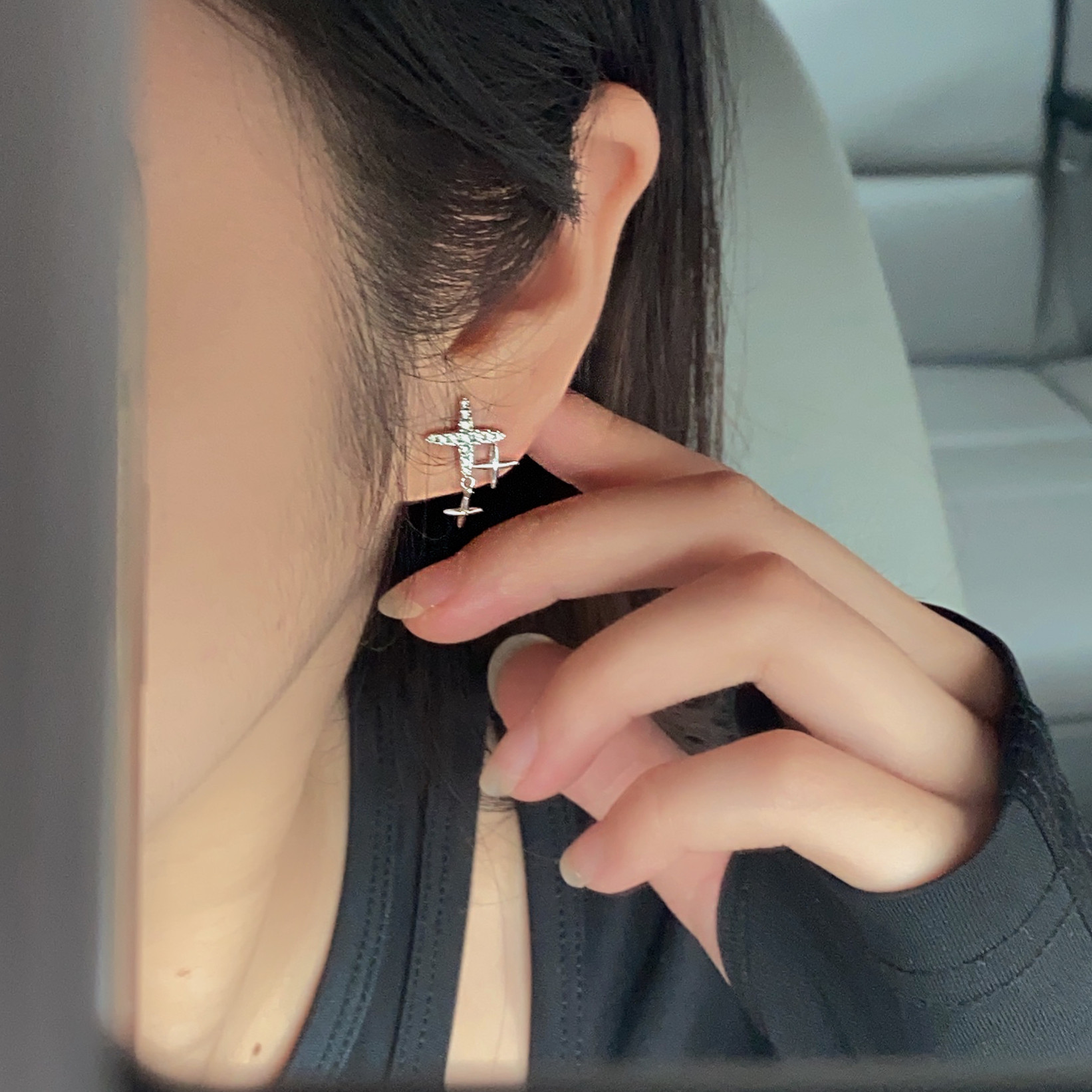 Small and exquisite copper inlaid zircon four-pointed star earrings for ...