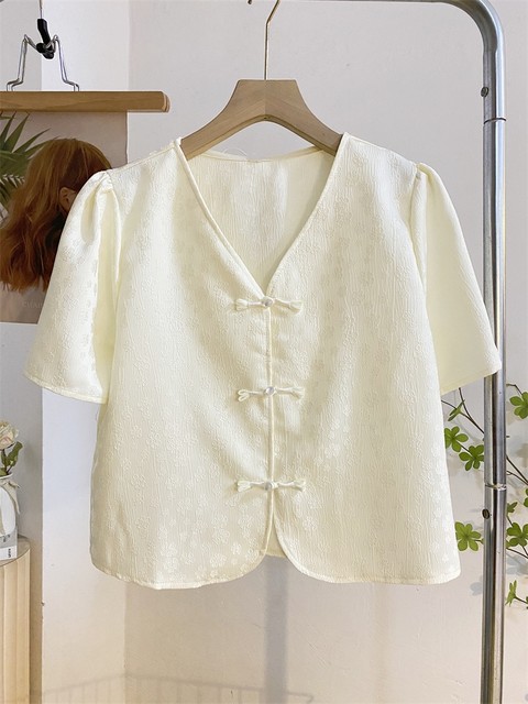 New Chinese V-neck button short-sleeved shirt for women 2025 summer ...