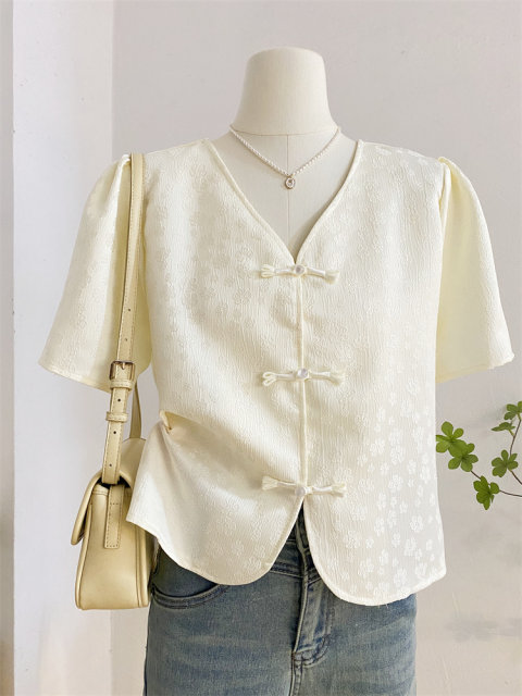 New Chinese V-neck button short-sleeved shirt for women 2025 summer ...