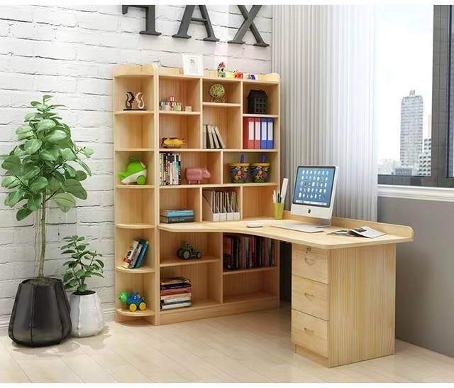 Solid wood corner desk bookshelf combination bookcase integrated ...