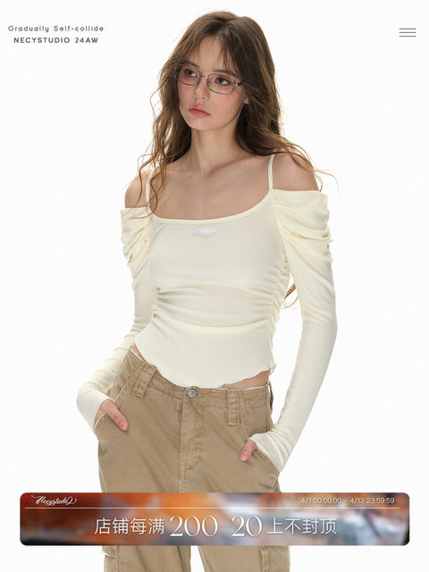 NECY Butterfly Sleeve One-Shoulder Top Design-Sensible Slim Long Sleeve Black Earrings Off ...