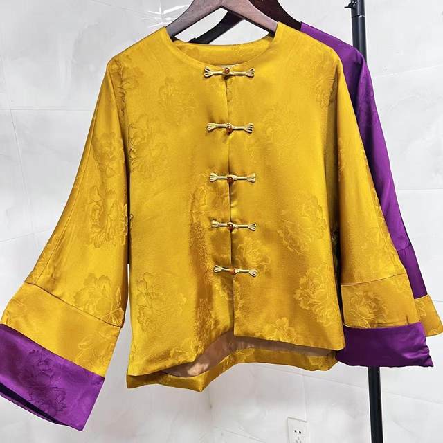 771 Chinese style heavy jacquard satin solid color tea jacket top