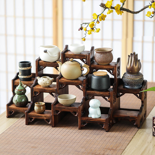 Exotic Chinese small Bogu rack solid wood purple sand pot shelf tea set ...