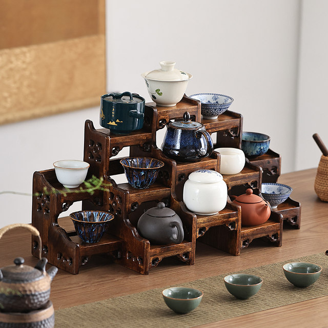Exotic Chinese small Bogu rack solid wood purple sand pot shelf tea set ...