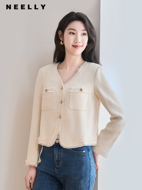 NEELLY V-neck sweet and chic fur-edged top for women's spring single ...