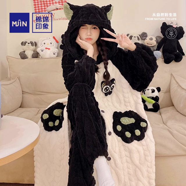 Cotton brocade impression 2024 winter coral velvet pajamas plus velvet ...