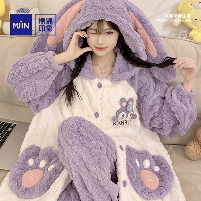 Cotton brocade impression 2024 winter coral velvet pajamas plus velvet ...