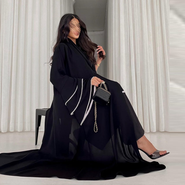 Arabian Dubai Women's Cardigan Black Robe with Beaded Cuffs Fashionable ...