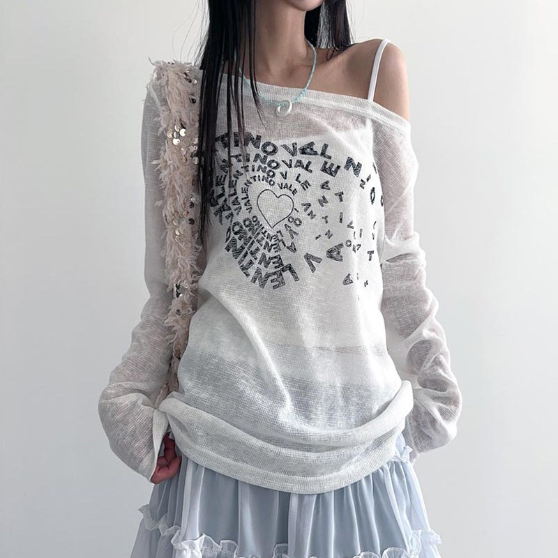 WEEKEEP cool temperament slanted shoulder letter print loose and light ...