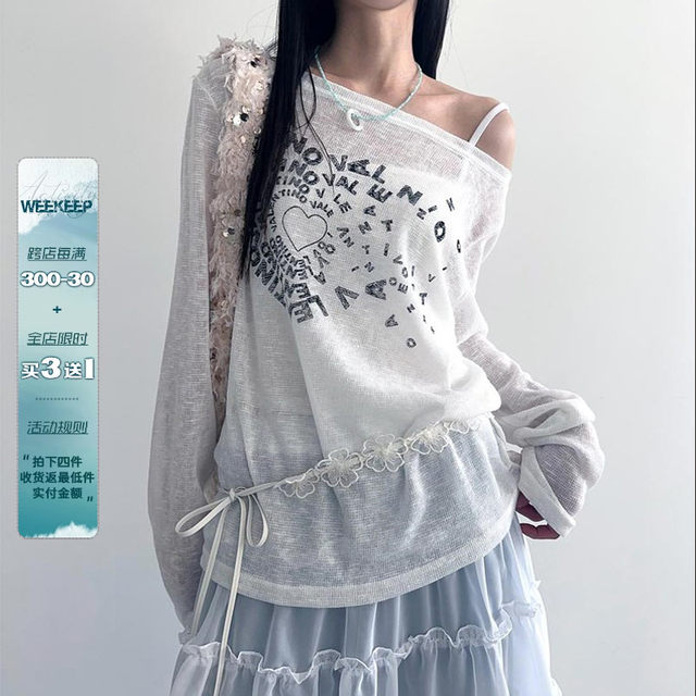 WEEKEEP cool temperament slanted shoulder letter print loose and light ...