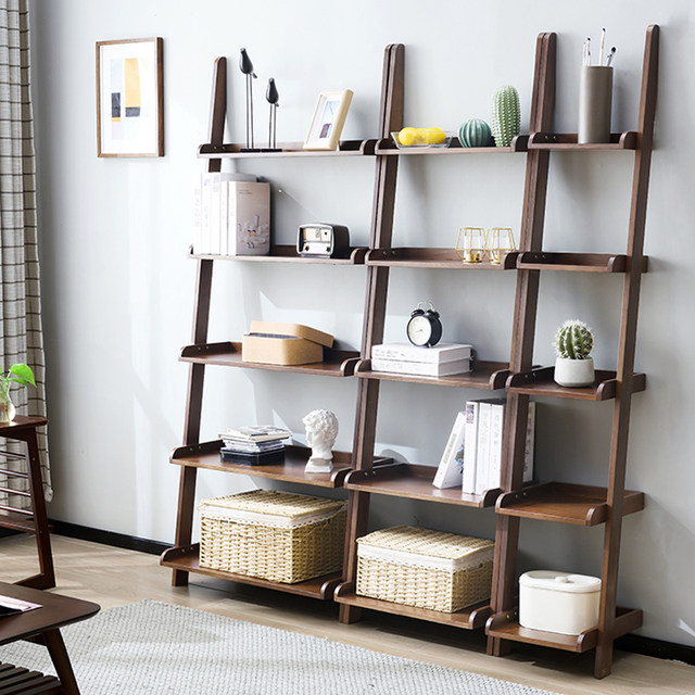 Nordic oak bookshelf ladder storage rack solid wood bookshelf floor ...