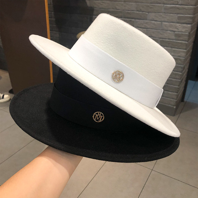 Hepburn wind hat female British retro M standard white flat top hat ...