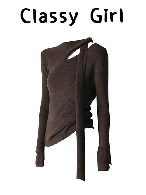 Classy girl brown sweater top 2024 new winter scarf neck Maillard style ...