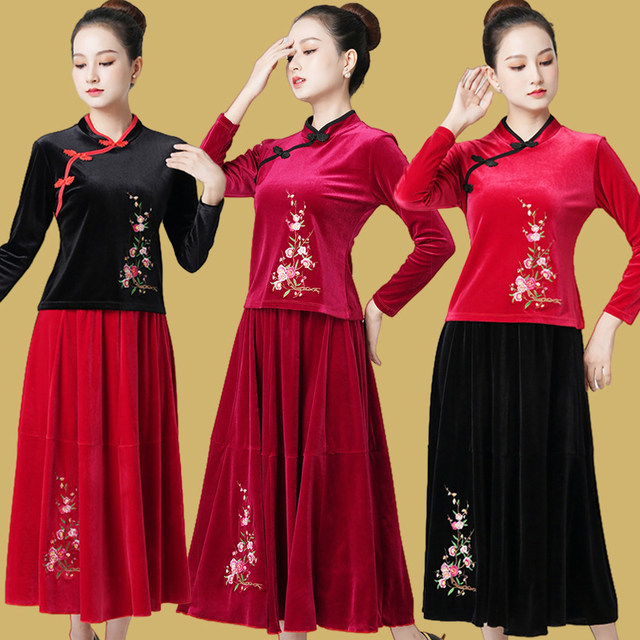Gold velvet square dance suit, autumn and winter long-sleeved classical ...