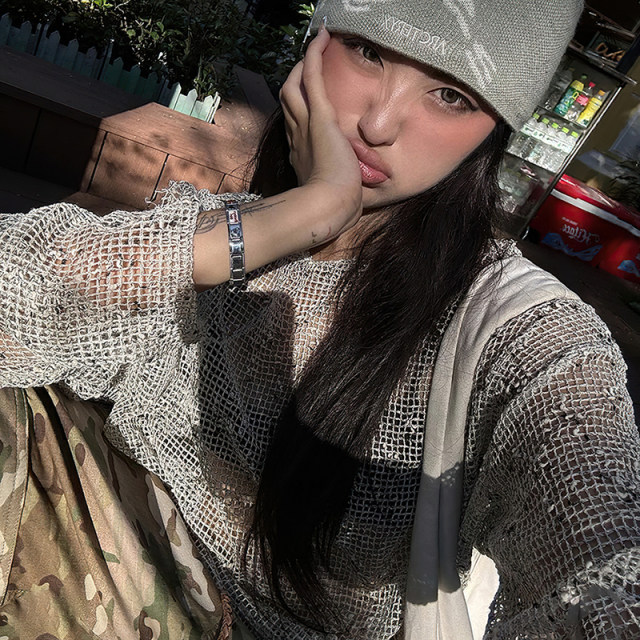 KLIOU lazy and relaxed retro slope collar off-shoulder hollow sweater T ...