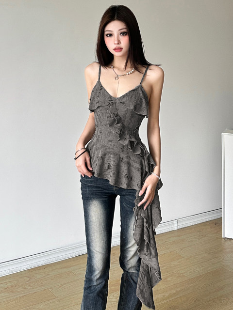KLIOU unique and unique retro distressed handmade frayed camisole women's ruffled patchwork ...