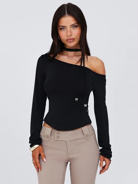 Shemoda early autumn design sense hot girl slanted neck off-shoulder ...