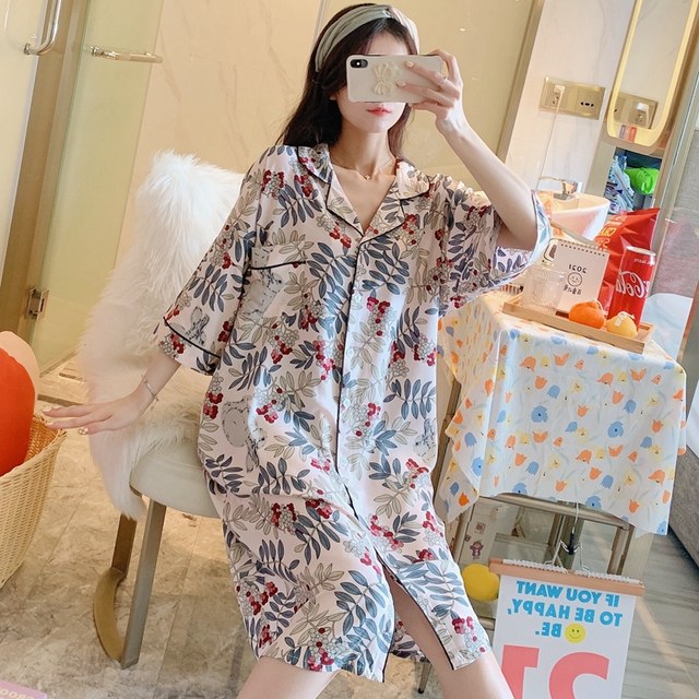 Short-sleeved cotton silk nightgown shirt pajamas women summer ...