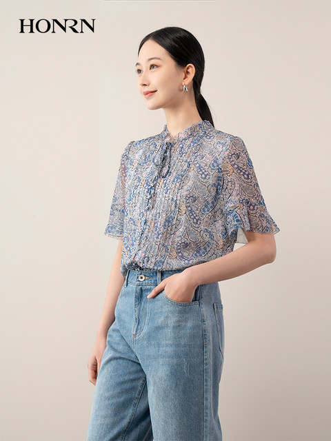 HONRN Blue Niche Design Printed Slim Short-Sleeved Shirt Tops for Women ...