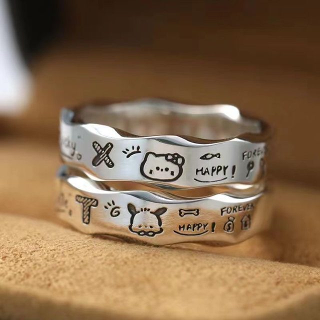 Cartoon doodle ring wavy side couple ring male and female cat animation ...