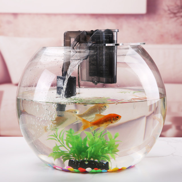 Round glass fish tank small living room free water exchange ecological ...