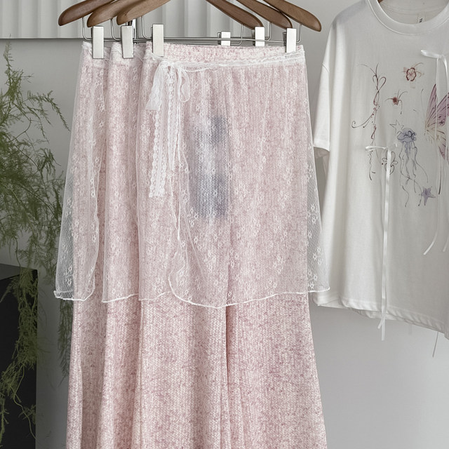 French sweet simple lace spliced wide-leg pants 2025 spring pink high ...